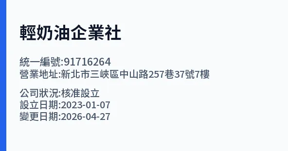 輕奶油企業社的照片-統編 91716264(新北市) 公司登記資料與營業項目詳細圖表
