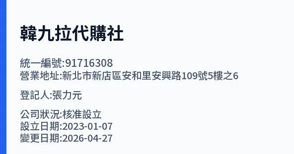 韓九拉代購社的照片-統編 91716308(新北市) 公司登記資料與營業項目詳細圖表