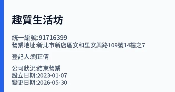 趣質生活坊的照片-統編 91716399(新北市) 公司登記資料與營業項目詳細圖表