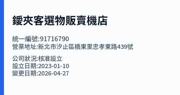 鑀夾客選物販賣機店的照片-統編 91716790(新北市) 公司登記資料與營業項目詳細圖表