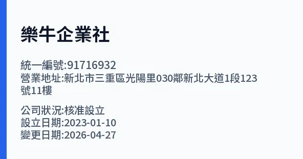 樂牛企業社的照片-統編 91716932(新北市) 公司登記資料與營業項目詳細圖表