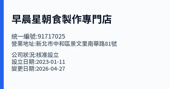 早晨星朝食製作專門店的照片-統編 91717025(新北市) 公司登記資料與營業項目詳細圖表