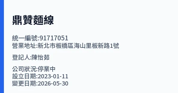 鼎贊麵線的照片-統編 91717051(新北市) 公司登記資料與營業項目詳細圖表