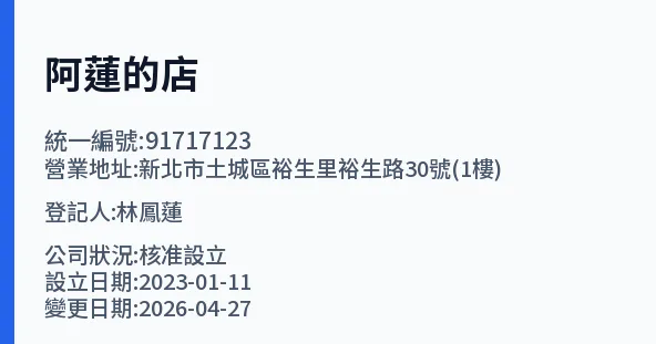 阿蓮的店的照片-統編 91717123(新北市) 公司登記資料與營業項目詳細圖表