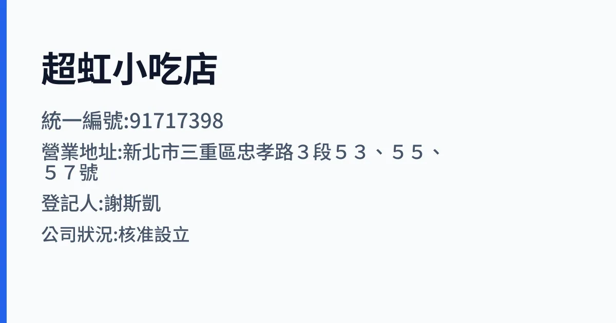 超虹小吃店 - 統編 91717398(新北市) 公司登記資料與營業項目詳細圖表