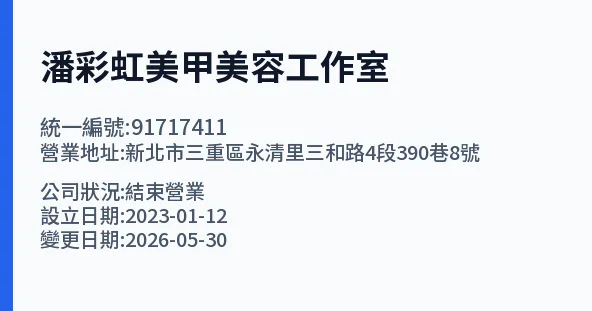 潘彩虹美甲美容工作室的照片-統編 91717411(新北市) 公司登記資料與營業項目詳細圖表