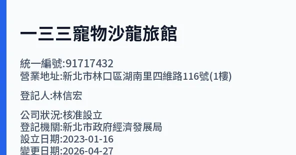 一三三寵物沙龍旅館的照片-統編 91717432(新北市) 公司登記資料與營業項目詳細圖表