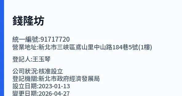 錢隆坊的照片-統編 91717720(新北市) 公司登記資料與營業項目詳細圖表