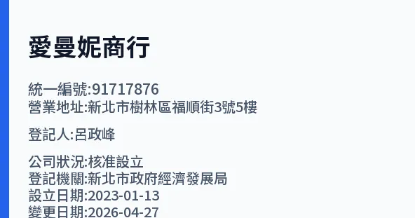 愛曼妮商行的照片-統編 91717876(新北市) 公司登記資料與營業項目詳細圖表