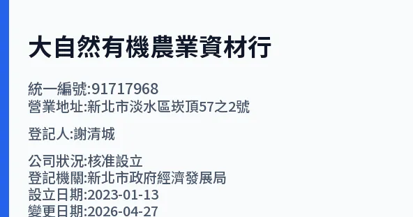 大自然有機農業資材行的照片-統編 91717968(新北市) 公司登記資料與營業項目詳細圖表