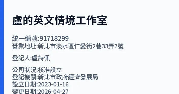 盧的英文情境工作室的照片-統編 91718299(新北市) 公司登記資料與營業項目詳細圖表