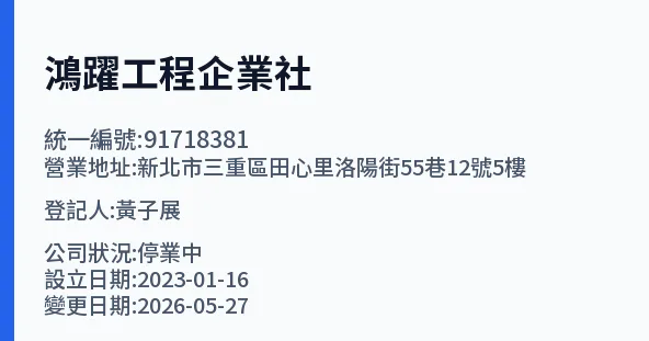 鴻躍工程企業社的照片-統編 91718381(新北市) 公司登記資料與營業項目詳細圖表