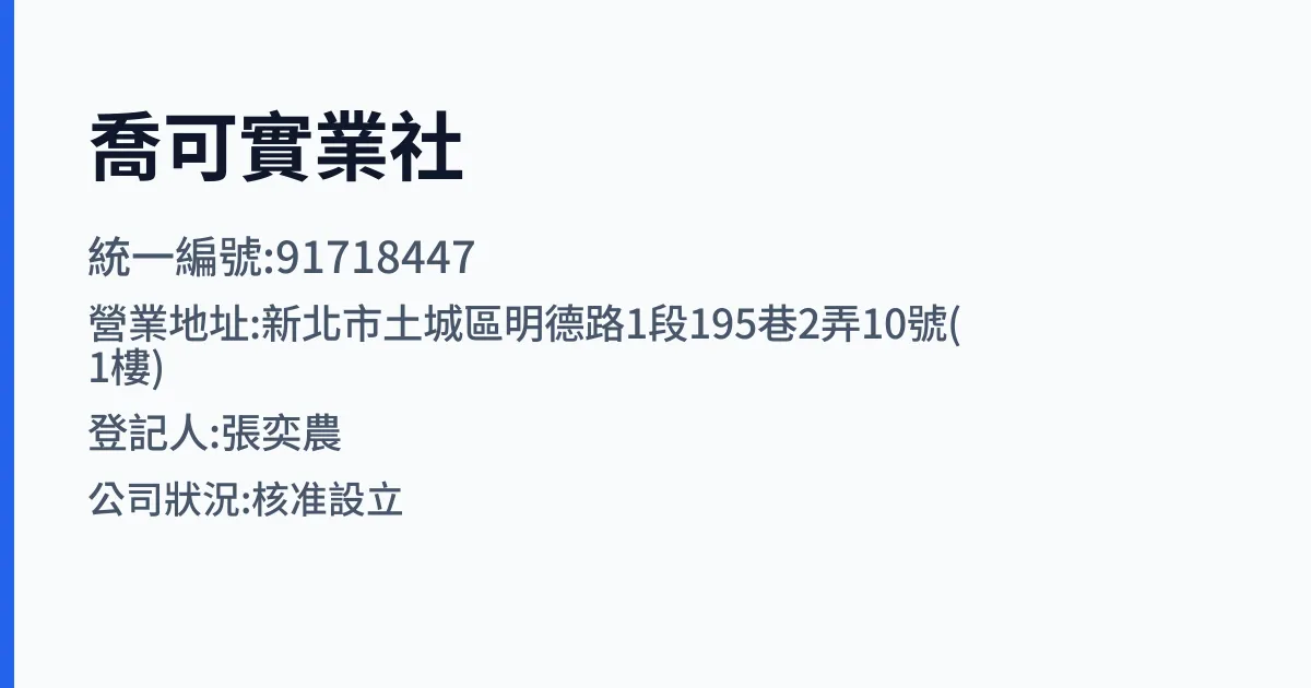 喬可實業社 - 統編 91718447(新北市) 公司登記資料與營業項目詳細圖表