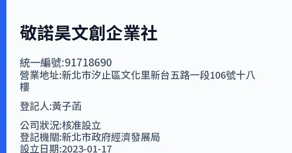 敬諾昊文創企業社的照片-統編 91718690(新北市) 公司登記資料與營業項目詳細圖表