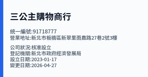 三公主購物商行的照片-統編 91718777(新北市) 公司登記資料與營業項目詳細圖表