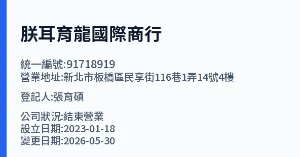 朕耳育龍國際商行的照片-統編 91718919(新北市) 公司登記資料與營業項目詳細圖表