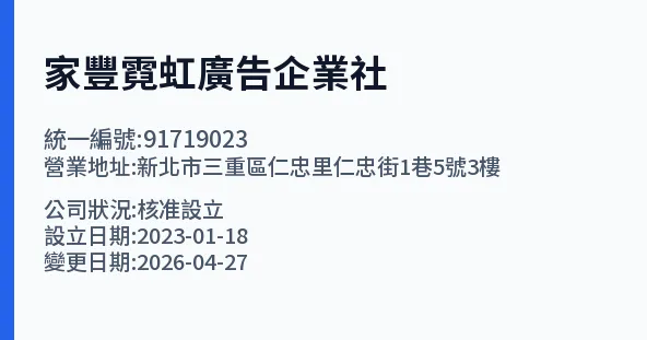 家豐霓虹廣告企業社的照片-統編 91719023(新北市) 公司登記資料與營業項目詳細圖表