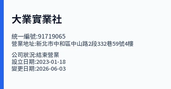 大業實業社的照片-統編 91719065(新北市) 公司登記資料與營業項目詳細圖表