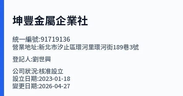 坤豐金屬企業社的照片-統編 91719136(新北市) 公司登記資料與營業項目詳細圖表