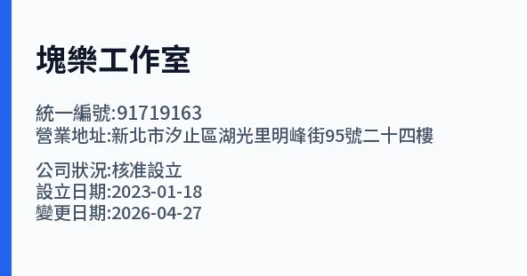塊樂工作室的照片-統編 91719163(新北市) 公司登記資料與營業項目詳細圖表