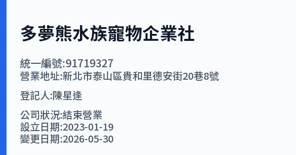 多夢熊水族寵物企業社的照片-統編 91719327(新北市) 公司登記資料與營業項目詳細圖表
