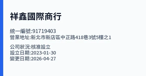 祥鑫國際商行的照片-統編 91719403(新北市) 公司登記資料與營業項目詳細圖表