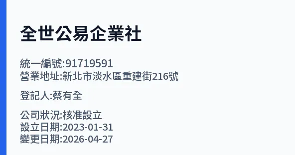 全世公易企業社的照片-統編 91719591(新北市) 公司登記資料與營業項目詳細圖表