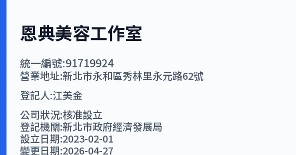 恩典美容工作室的照片-統編 91719924(新北市) 公司登記資料與營業項目詳細圖表