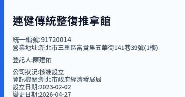 連健傳統整復推拿館的照片-統編 91720014(新北市) 公司登記資料與營業項目詳細圖表