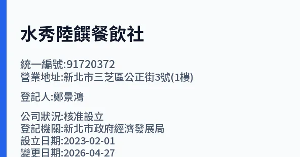 水秀陸饌餐飲社的照片-統編 91720372(新北市) 公司登記資料與營業項目詳細圖表