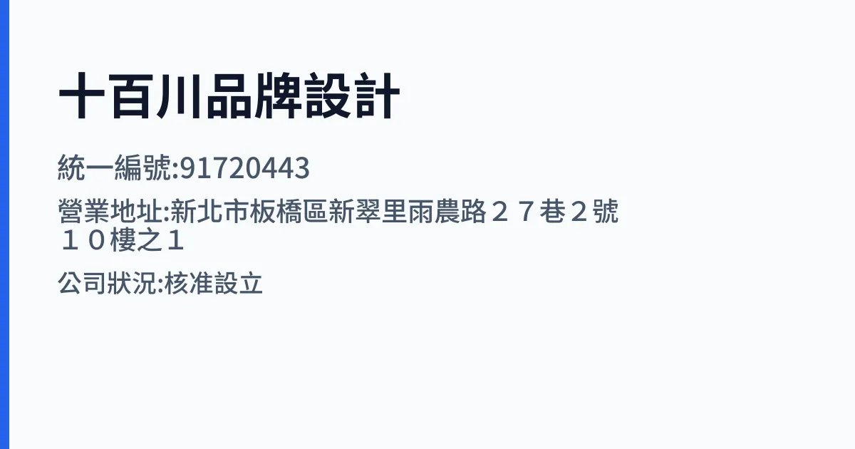 十百川品牌設計 - 統編 91720443（新北市） 公司登記資料與營業項目詳細圖表