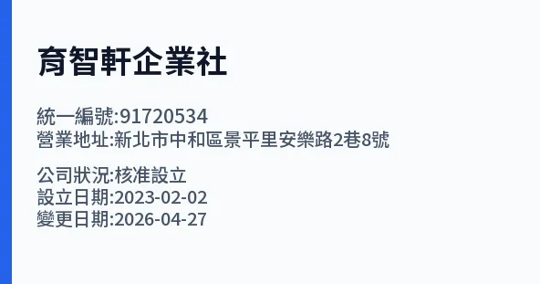 育智軒企業社的照片-統編 91720534(新北市) 公司登記資料與營業項目詳細圖表