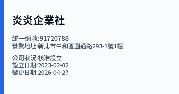 炎炎企業社的照片-統編 91720788(新北市) 公司登記資料與營業項目詳細圖表