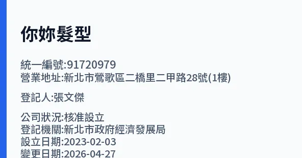 你妳髮型的照片-統編 91720979(新北市) 公司登記資料與營業項目詳細圖表