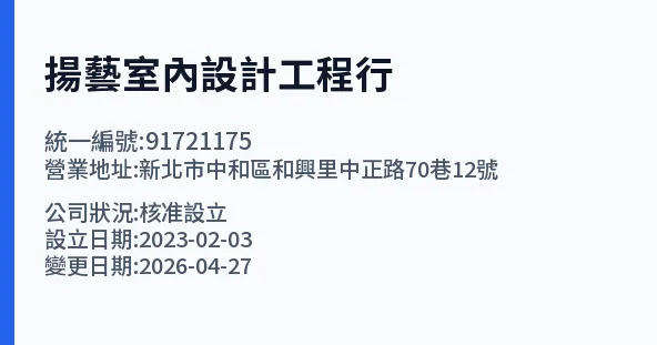 揚藝室內設計工程行的照片-統編 91721175(新北市) 公司登記資料與營業項目詳細圖表