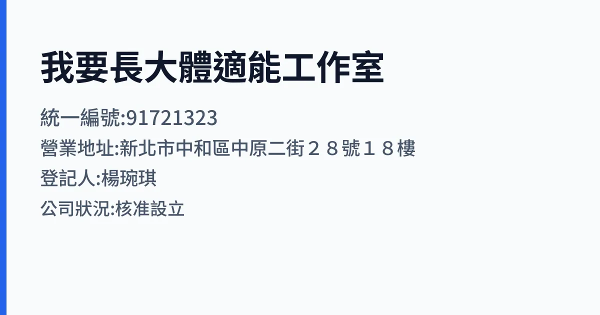 我要長大體適能工作室 - 統編 91721323(新北市) 公司登記資料與營業項目詳細圖表