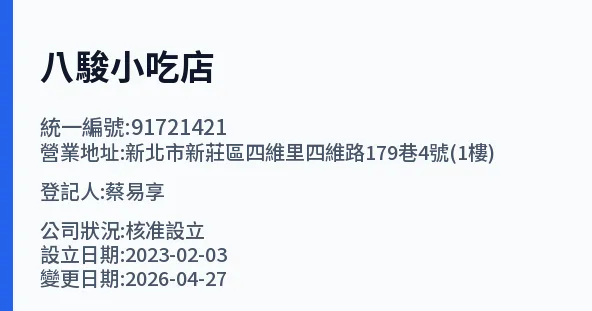 八駿小吃店的照片-統編 91721421(新北市) 公司登記資料與營業項目詳細圖表
