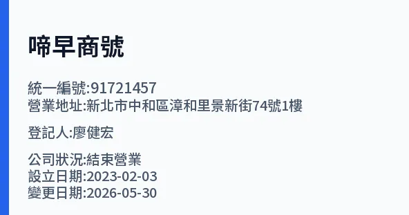 啼早商號的照片-統編 91721457(新北市) 公司登記資料與營業項目詳細圖表