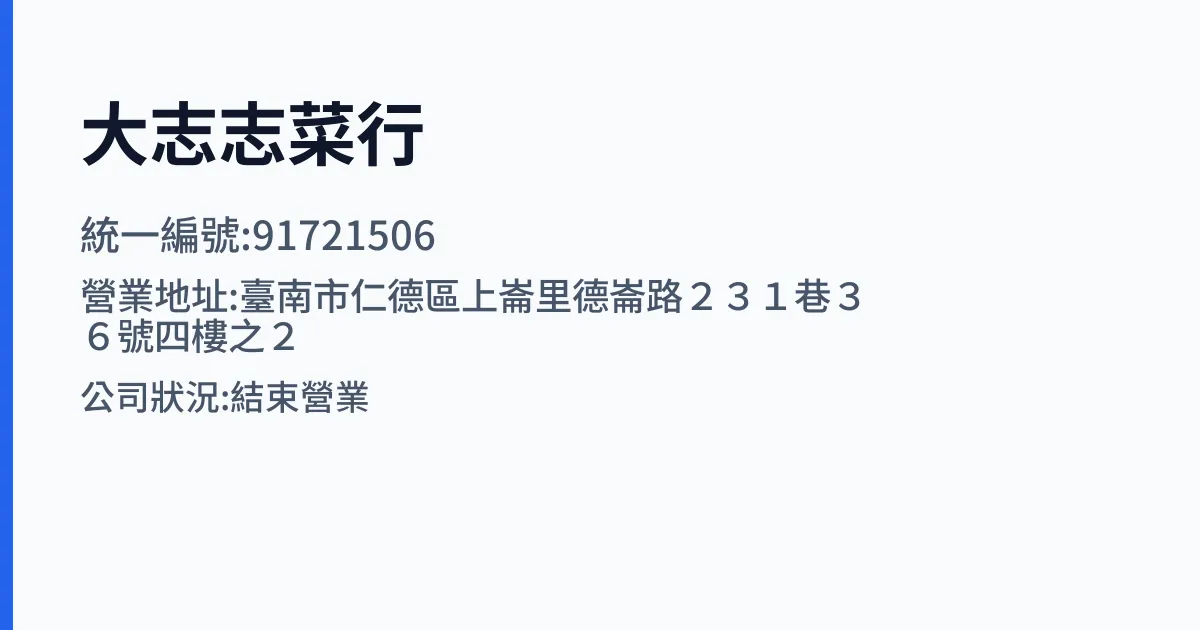 大志志菜行 - 統編 91721506(臺南市) 公司登記資料與營業項目詳細圖表