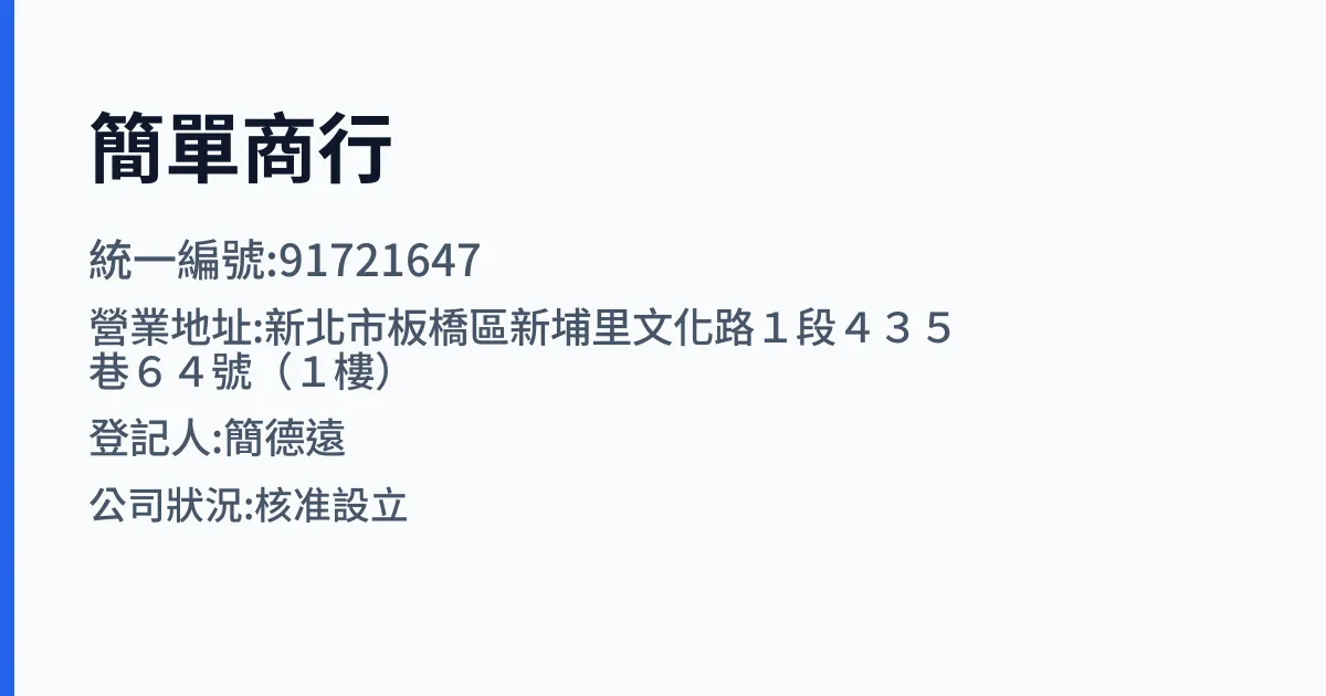 簡單商行 - 統編 91721647(新北市) 公司登記資料與營業項目詳細圖表