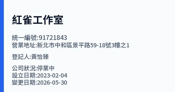 紅雀工作室的照片-統編 91721843(新北市) 公司登記資料與營業項目詳細圖表