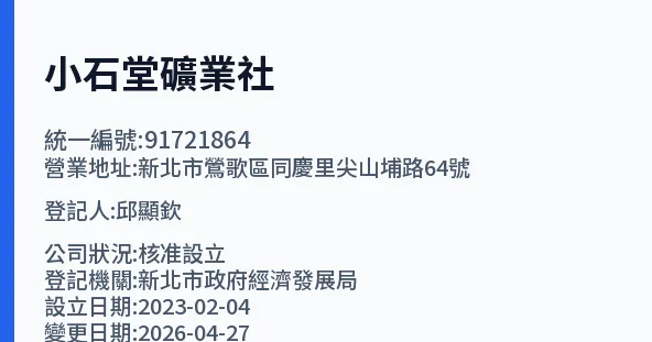 小石堂礦業社的照片-統編 91721864(新北市) 公司登記資料與營業項目詳細圖表