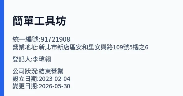 簡單工具坊的照片-統編 91721908(新北市) 公司登記資料與營業項目詳細圖表