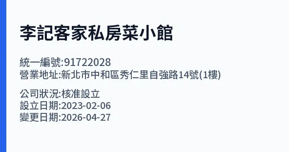 李記客家私房菜小館的照片-統編 91722028(新北市) 公司登記資料與營業項目詳細圖表