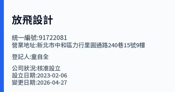 放飛設計的照片-統編 91722081(新北市) 公司登記資料與營業項目詳細圖表