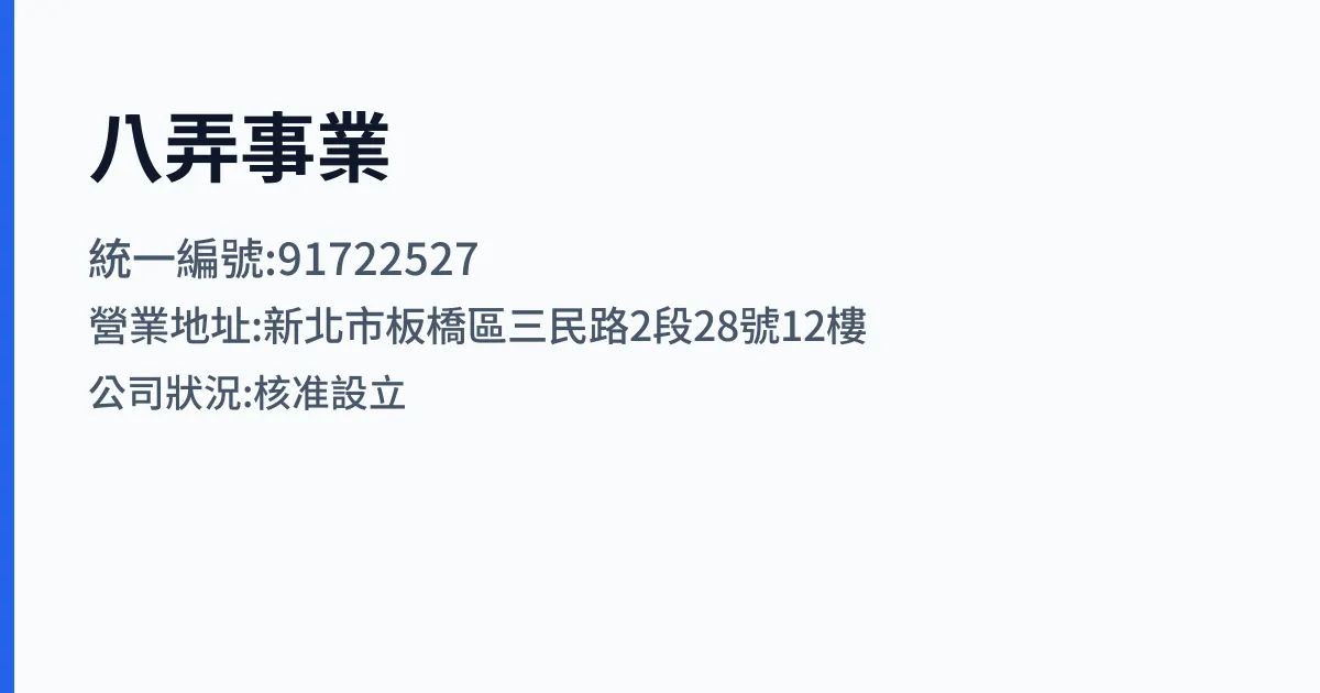 八弄事業 - 統編 91722527(新北市) 公司登記資料與營業項目詳細圖表
