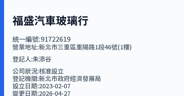 福盛汽車玻璃行的照片-統編 91722619(新北市) 公司登記資料與營業項目詳細圖表