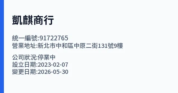 凱麒商行的照片-統編 91722765(新北市) 公司登記資料與營業項目詳細圖表