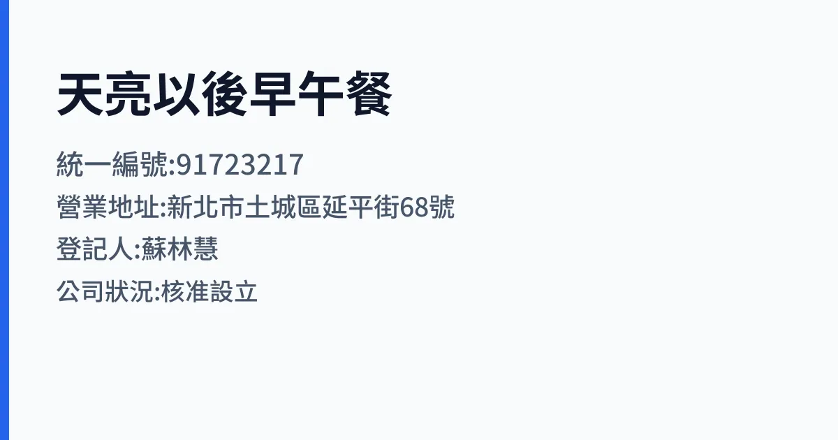 天亮以後早午餐 - 統編 91723217(新北市) 公司登記資料與營業項目詳細圖表