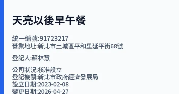 天亮以後早午餐的照片-統編 91723217(新北市) 公司登記資料與營業項目詳細圖表